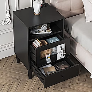 Saudism Black Nightstand with Charging Station, End Table with Glass Drawers, Night Stand with LED Lights, Wood Bedside Tables for Bedroom, 15.7”×13.7”×23.8”