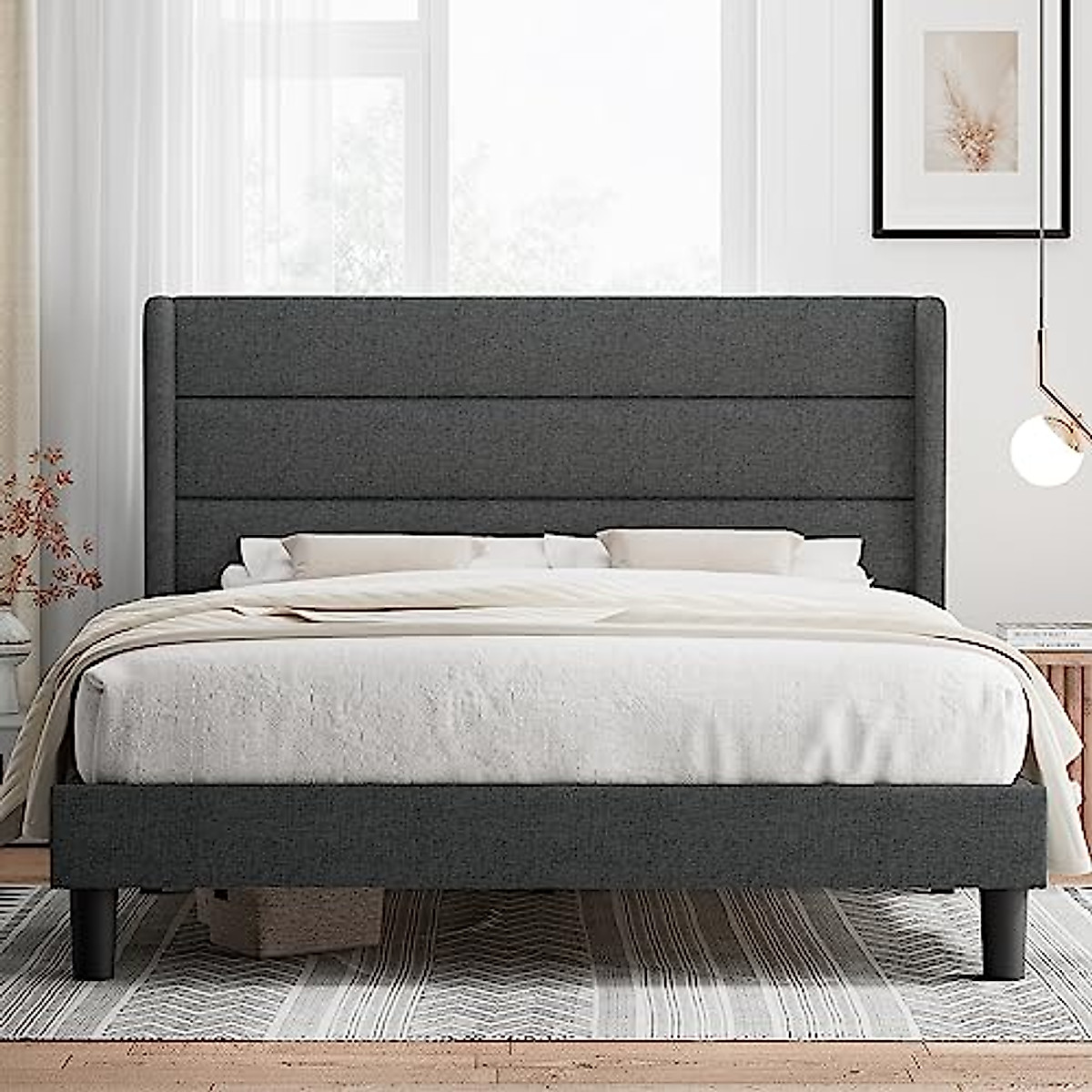 iPormis Full Size Bed Frame with Wingback, Modern Upholstered Platform Bed with 8'' Under-Bed Storage, Fabric Headboard, Wood Slats Support, No Box Spring Needed, Noise-Free, Easy Assembly, Dark Gray
