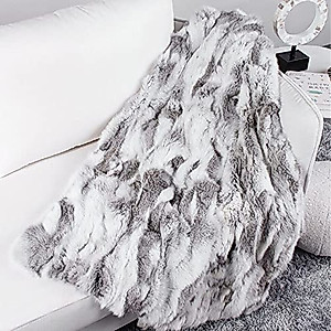 Throw Blankets for Couch and Bed, Soft Cozy Real Rabbit Fur Blanket with Suede Backing, Grey Lightweight Decorative Blankets and Throws, Farmhouse Warm Blanket for Men and Women, 55.1"x63"