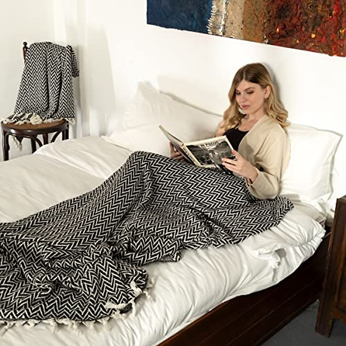 EVALAND 48 x 60 INCHES Turkish Cotton Blanket and Throw Blanket, Machine-Washed, Comfy Bed Blanket, Bed Throw, Super Soft Blankets and Throws for Couch, Sofa, Bed, Traveling, Black