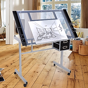 LEMY Drafting Table Adjustable Tilting Tabletop, Artist Drawing Desk with Slide Storage Drawers and Wheels, Art Craft Station for Home Office