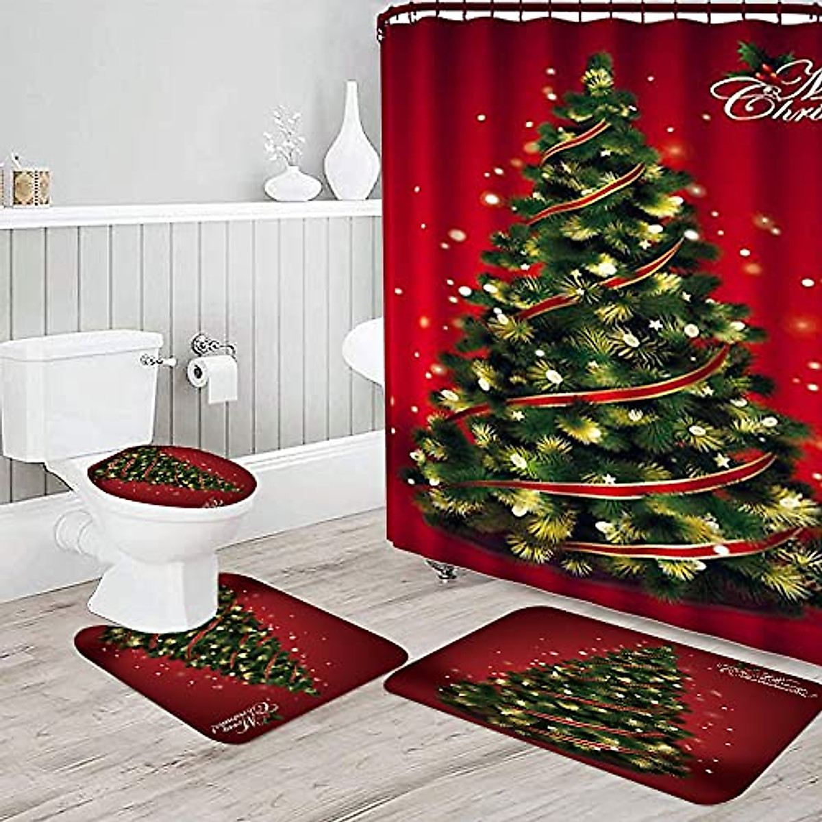 WISREMT Christmas Shower Curtain 4 Piece Sets with Non-Slip Rugs, Toilet Lid Cover and Bath Mat, Santa Elk Xmas Tree Truck Waterproof Shower Curtain with 12 Hooks Bathroom Set Holiday Home Decor