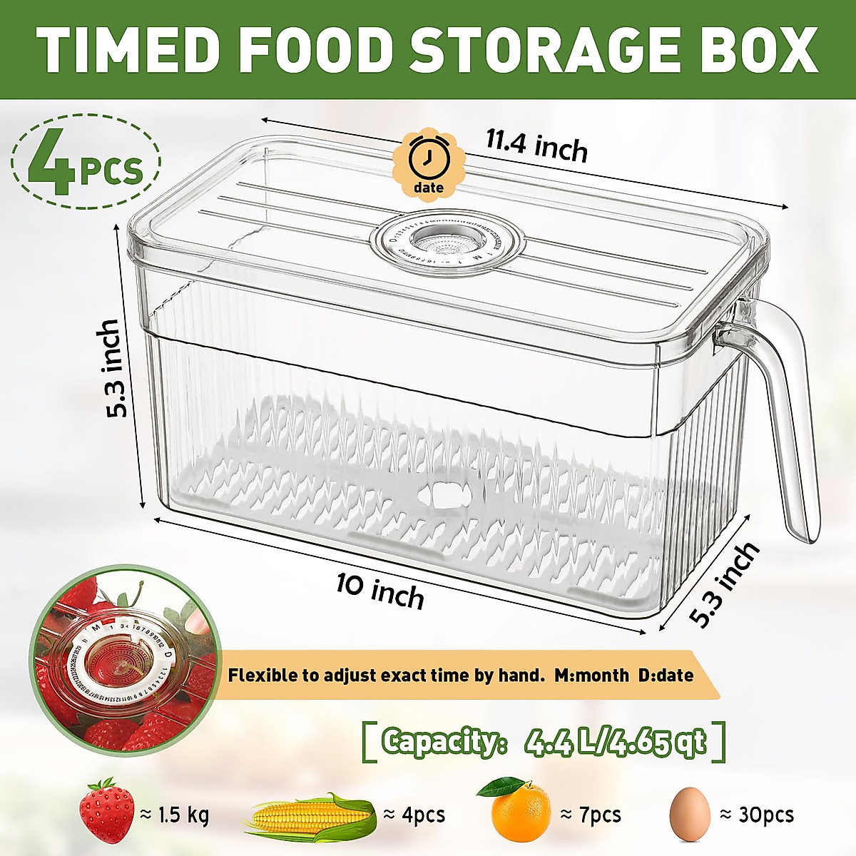 Blushtier 4 Pcs Fridge Organizer Bins with Drain Tray and Lid Handle Plastic Stackable Timer Keep Fresh Sealed Food Storage Container for Vegetables Fruit Salad Lettuce, 10 x 5.3 x 5.3 (Drain Tray)