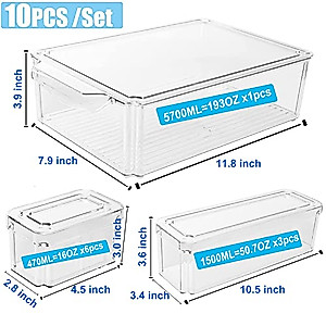 Yipaga Refrigerator Organizer Bins with Lids-10PCS BPA Free Fridge Organizer, Stackable Clear Plastic Storage Bins for Fridge, Freezer, Kitchen Cabinet, Pantry Organization and Storage