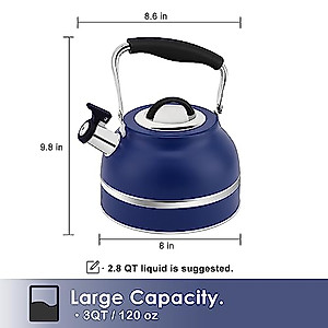 Rorence 3 Quart Whistling Tea Kettle: Stainless Steel Tea Pot with Capsule Bottom for Stovetop - Blue