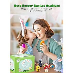 Minetom 80 Pcs Colorful Plastic Prefilled Easter Eggs with Toys inside Includes Dinosaur Toys,Finger Puppets, Pullback Car Toys, Easter Themed Rings,Easter Egg Hunt Supplies Party Favor Gifts for kids