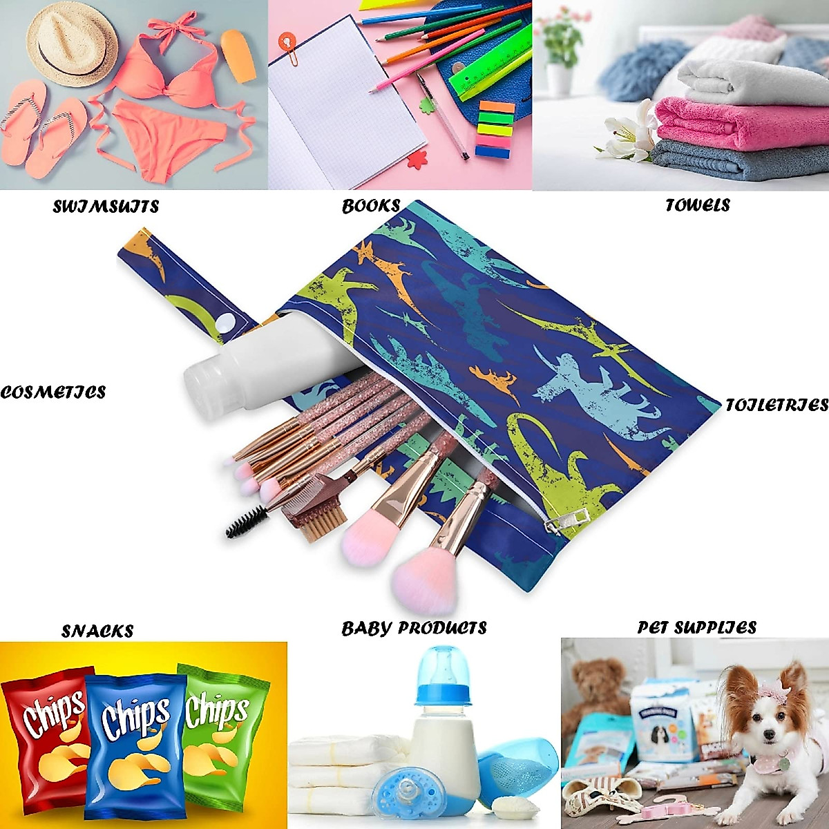 visesunny Vintage Dinosaur Animal 2Pcs Wet Bag with Zippered Pockets Washable Reusable Roomy Diaper Bag for Travel,Beach,Pool,Daycare,Stroller,Diapers,Dirty Gym Clothes,Wet Swimsuits,Toiletries