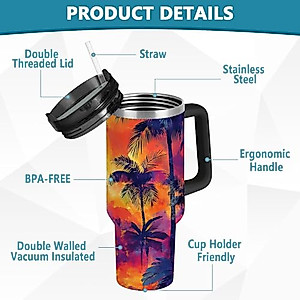 Selerdon 40 oz Tumbler Coconut Trees Tropical Print with Handle and Straw Lid Vacuum Stainless Steel Insulated Water Bottle Travel Mug Car Cup Holder Friendly BPA Free for Gym Travel Office