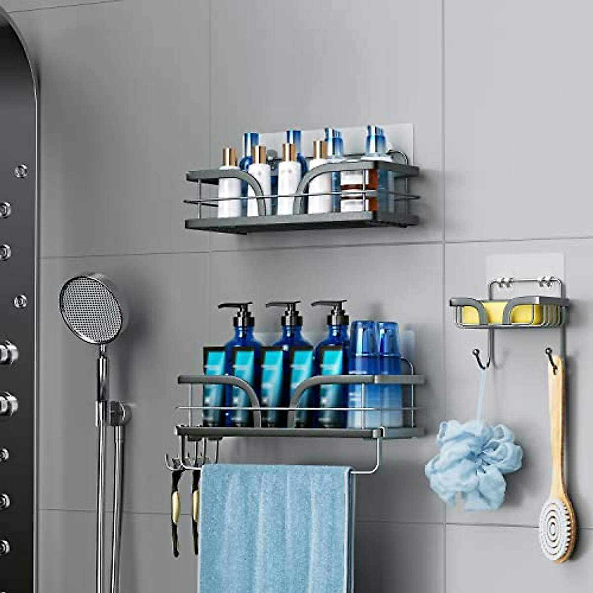 Shower Caddy Shelf Storage Rack, 3-Pack Adhesive Shower Organizer with Hooks for Hanging Razor, Towel Bar and Soap Dish, 304 Stainless Steel No Drilling Rustproof Shower Shelves Basket for Bathroom