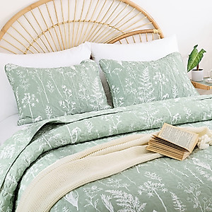 JANZAA Quilts Queen Size Sage Green Quilt Botanical with Floral Pattern Microfiber Bedspreads Queen Size 3 Pieces Lightweight Comforter Reversible Bedding Set with 2 Pillow Cases