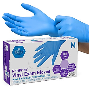 Med PRIDE NitriPride Nitrile-Vinyl Blend Exam Gloves, Medium 100 - Powder Free, Latex Free & Rubber Free - Single Use Non-Sterile Protective Gloves for Medical Use, Cooking, Cleaning & More