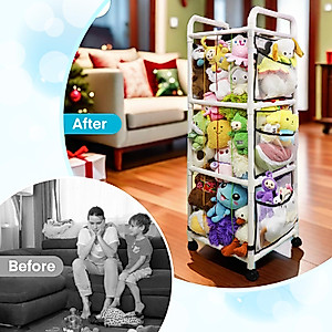 Lmaqfum Stuffed Animal Storage 63" Tall Corner Stuffed Animal Zoo ABS Holder Plushies Storage Organizer Shelf with Elastic Band Side Storage Pockets Bottom Wheels for Birthday Gift Nursery Playroom