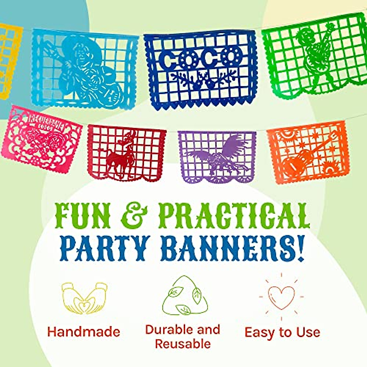 TexMex Fun Stuff 16 Ft Coco Movie Papel Picado Plastic (10 Extra Large Panels) Fiesta Party Decorations, Mexican Party Banners, Plastic Day of The Dead Banner, Cinco de Mayo Decorations Coco Theme