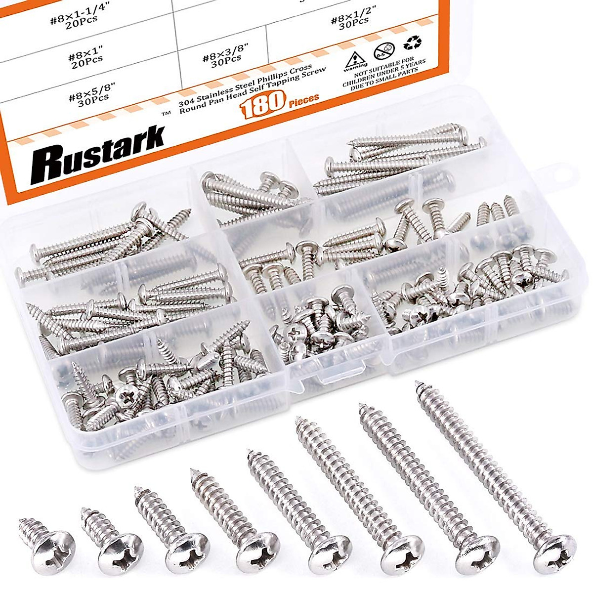 Rustark 180-Pcs [#8 3/8" to 1-1/2"] 304 Stainless Steel Round Pan Head Phillips Cross Wood Screws Self Tapping Drilling Screws Assortment Kit