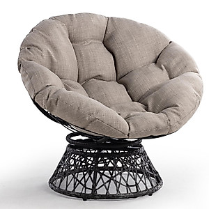 Bme 40" Ergonomic Wicker Papasan Chair with Soft Thick Density Fabric Cushion, High Capacity Steel Frame, 360 Degree Swivel for Living, Bedroom, Reading Room, Lounge, Silver Cloud - Black Base
