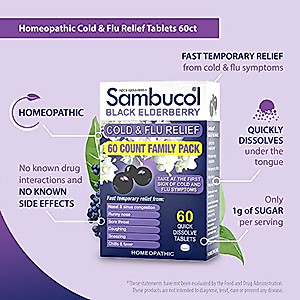 Sambucol Cold and Flu Relief Tablets - Homeopathic Cold Medicine, Nasal & Sinus Congestion Relief, Use for Runny Nose, Sore Throat, Coughing, Fever, Cold Remedy for Adults - Black Elderberry, 60 Count