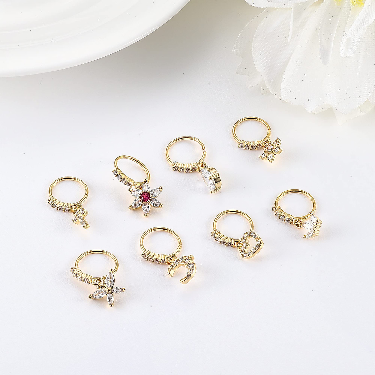 JOERICA 8 Pcs 20G Dangle Nose Rings Hoops for Women Butterfly Heart Moon Flower Cross CZ Dangle Nose Rings Cartilage Earring Dangling Nose Piercing Jewelry