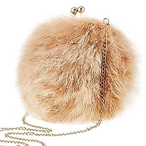 Women's Feather Clutch Purse Faux Fluffy Feather Round Clutch Shoulder Crossbody Bag Vintage Evening Bags with 2 Chains for Girls, Light Camel
