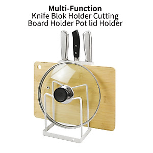 Qflushor Knife Block Holder, Pot Lid Organizer, Cutting Board Organizer, Cookware Bakeware Organizer for Kitchen Countertop, Cabinet, Pantry, Metal, White