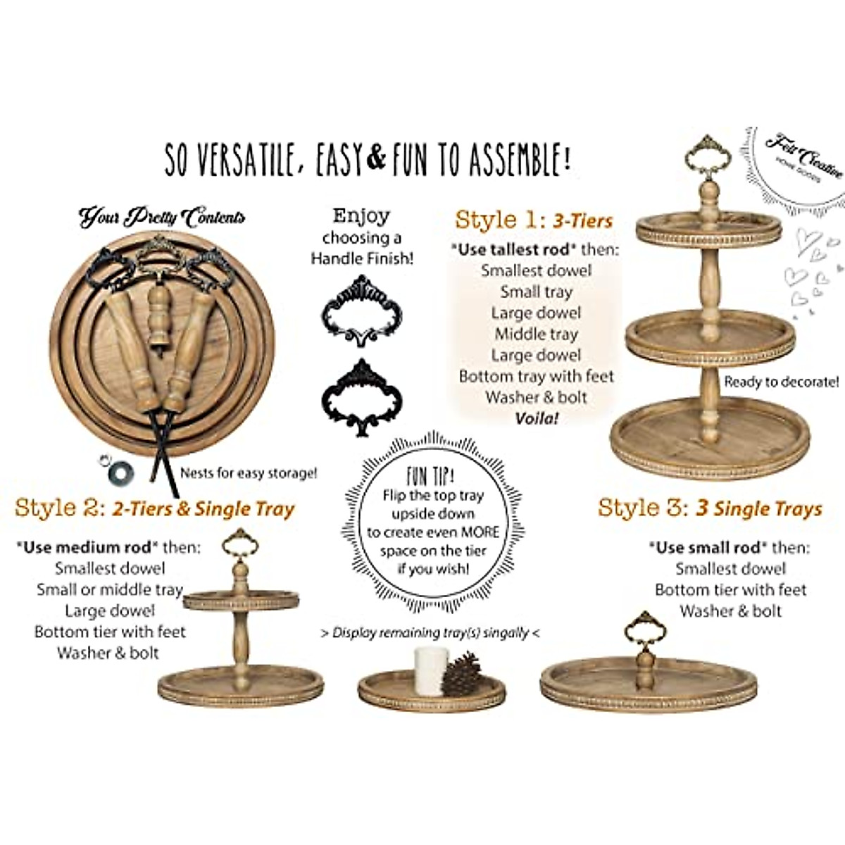 3 Tiered Tray Wooden Serving Stand by Felt Creative Home Goods. Large Beaded Tray for Home Decor Display Farmhouse Country Decoration Kitchen or Dining. Includes 3 Finial Custom Handles (Brown)