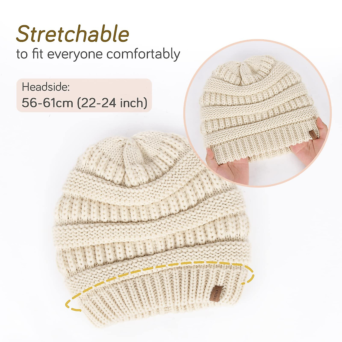 FURTALK Winter Beanie for Women Satin Lined Warm Knit Skull Slouch Beanie Hat (Beige-Satin Lining, One Size)