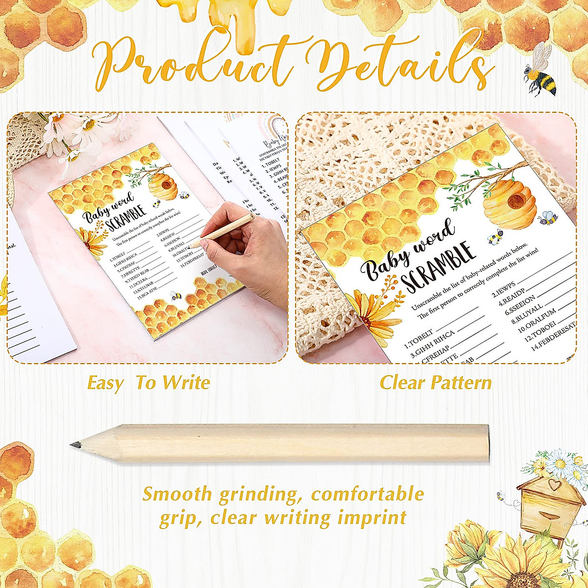 Sherr 145 Pcs Baby Shower Games Gender Neutral Set Include 125 Pcs 5 Kinds Gender Reveal Games and 20 Pencils for Baby Shower Decorations (Bee)