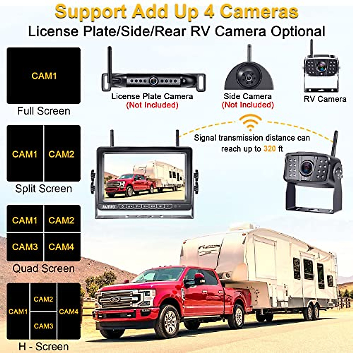AMTIFO RV Backup Camera Wireless HD 1080P 7'' Split Screen DVR Monitor Bluetooth Trailer Rear View Cam 4 Channel System Truck Camper Infrared Night Vision Adapter for Furrion Pre-Wired RVs A8