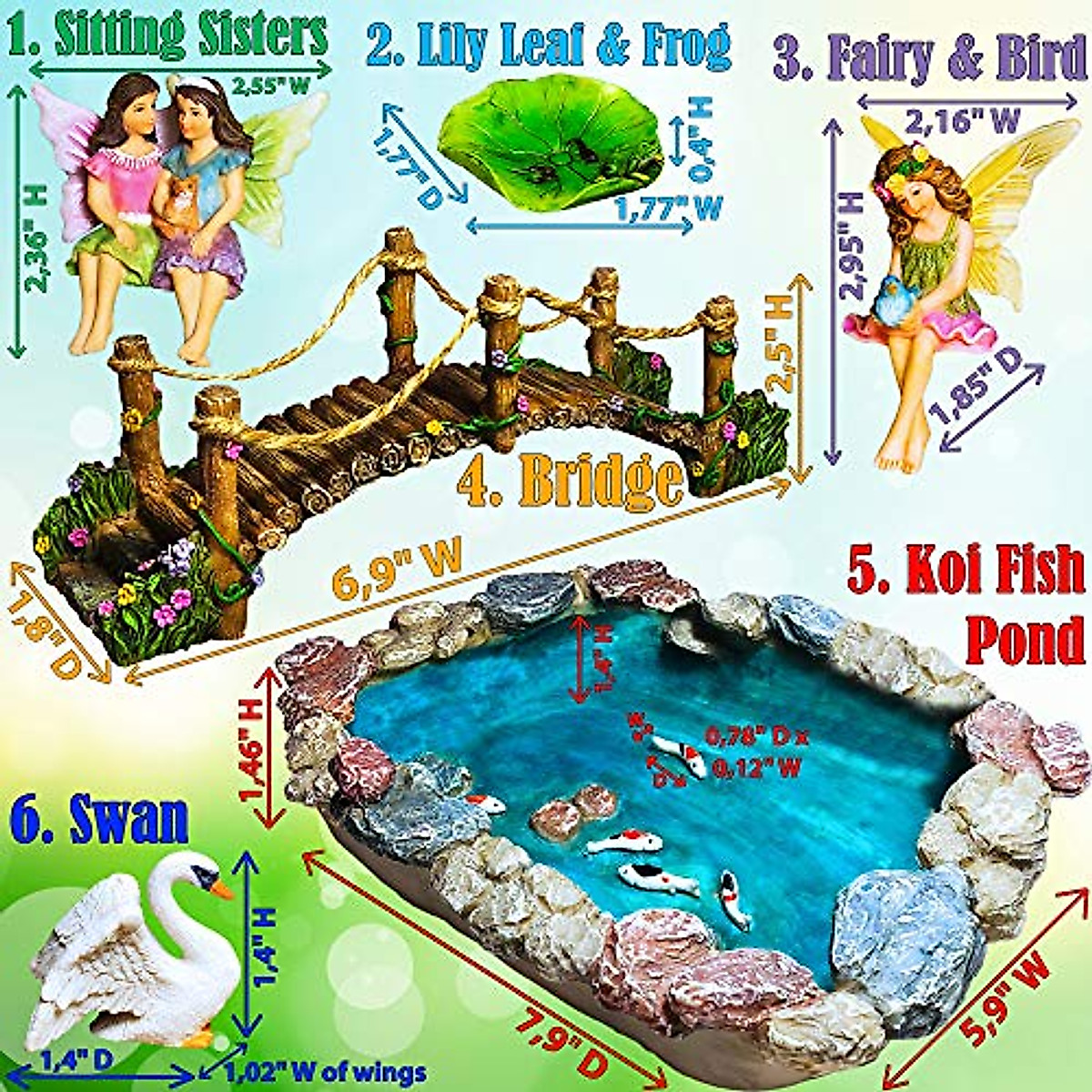 Mood Lab Fairy Garden Fish Pond Kit - Miniature Bridge Set of 6 pcs Fairy Garden Figurines & Accessories - Outdoor or House Decor