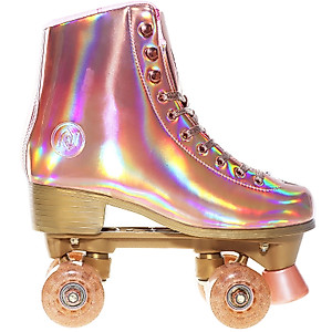 JajaHoho Roller Skates for Women, Holographic High Top PU Leather Rollerskates, Shiny Double-Row Four pink glitter Wheels Quad Skates for Girls and Age 8-50 Indoor Outdoor (Size 4, Rose Gold)