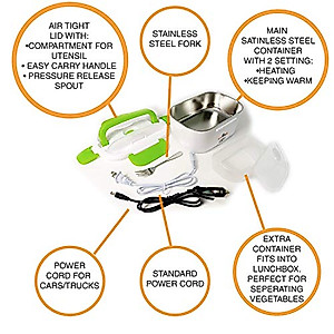 Sweet Home Bee 2 in 1, Electric Lunch Box –FAST HEATING, Car, Truck, Home Use, Portable Food Warmer Heater with Food Grade Removable Stainless Steel Container and Fork