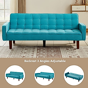 Betoko Linen Futon Sofa Couch 73.6" Fabric Upholstered Convertible Sofa Bed Minimalist Button Tufted Small 3 Seater Sleeper Futon Couch Set for Living Room Bedroom (Blue)