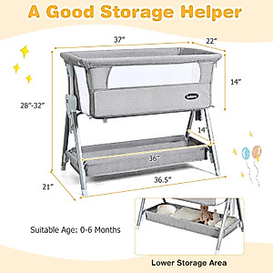 INFANS Baby Bassinet Bedside Crib, Newborn Sleeper w/Large Storage Basket, Adjustable Heights & Angle, Detachable &Washable Mattress, Breathable Mesh, Straps, Easy Moving Bed Side, Light Grey