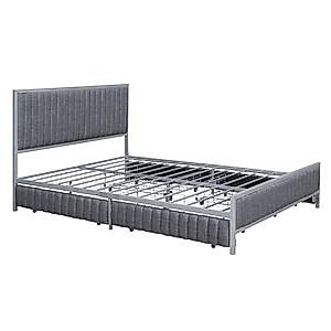 WADRI Modern Queen Size Metal Frame Upholstered Bed with 4 Drawers, Linen Fabric Platform Bed with Upholstered Headboard, Storage Platform Bed for Kids Teens Bedroom (Gray + Linen-N32)