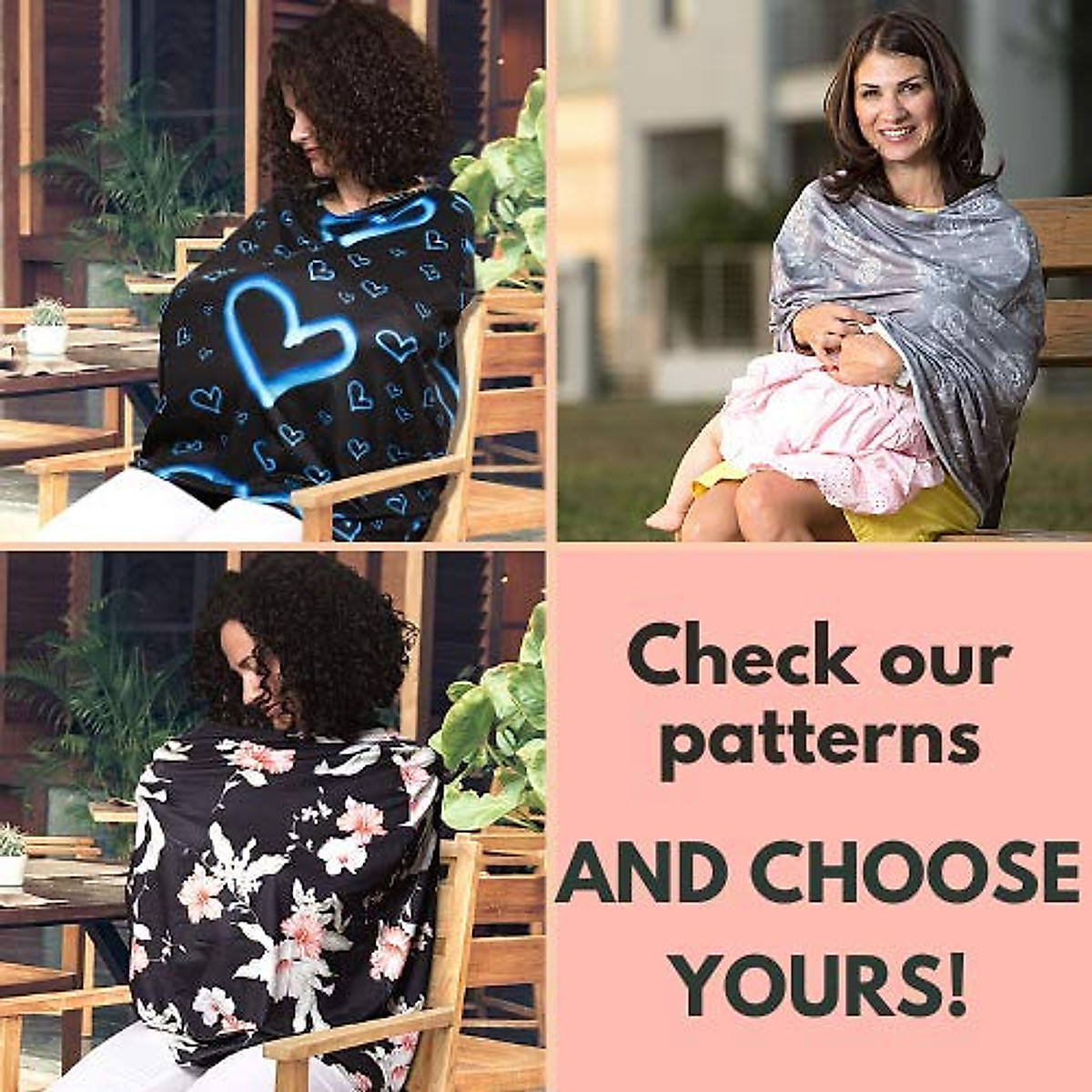 4 in 1 Car Seat Covers for Babies Girl, Nursing Cover Carseat Canopy, Soft and Stretchy Breastfeeding Scarf, Best Gift Set for Infant, Newborn - Floral Black Pink and Purple