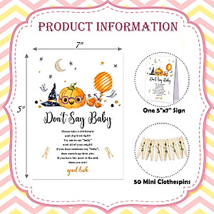 Don't Say Baby Clothespin Game, Halloween Baby Shower Game, One 5x7 Sign and 50 Mini Natural Clothespins, Gender Neutral, A Little Boo Baby Shower Decoration - MJZ57
