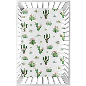Sweet Jojo Designs Pink and Green Boho Watercolor Baby Girl Fitted Mini Portable Crib Sheet for Cactus Floral Collection - for Mini Crib or Pack and Play ONLY