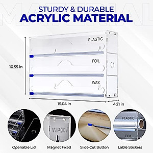 YOC Wrap Dispenser, Clear Acrylic Foil, Wax Organizer with Slide Cutter, Suitable for Wall Mounting or Kitchen Drawer, Compatible with 12 Inch Rolls (3 in 1 Wrap Dispenser)