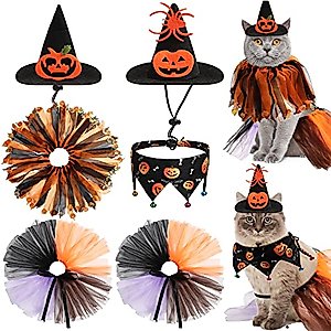 6 Pcs Dog Costumes Cat Witch Costume Suit Include Pet Pumpkin Witch Hat Halloween Cat Collar with Bells Dogs Cats Tutu Skirt for Pets Kitten Puppy Birthday Holiday Outfit