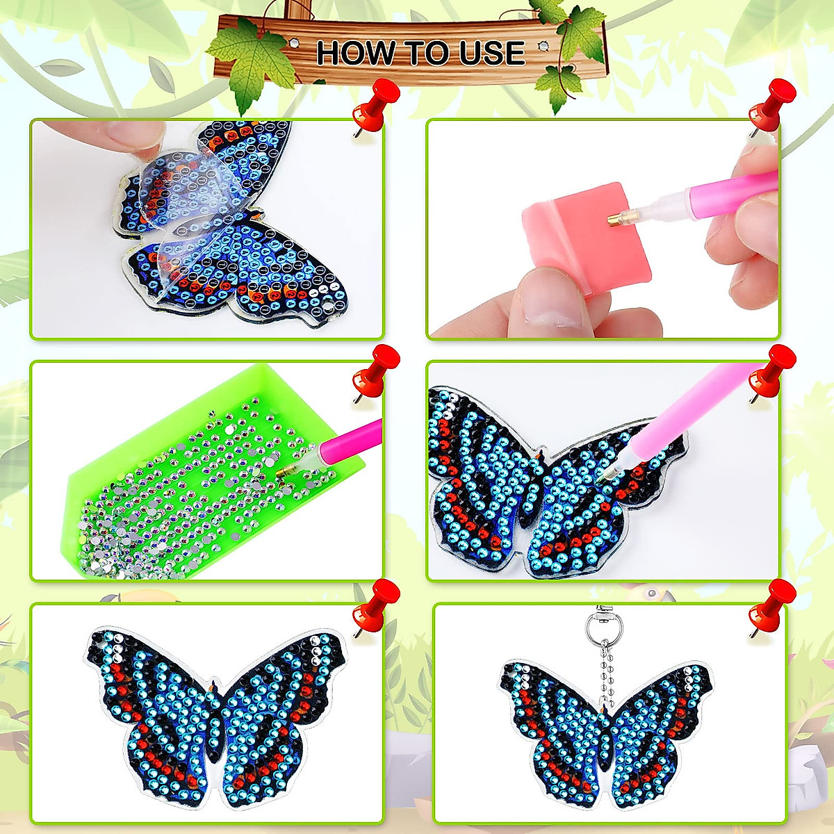 MTLEE 8 Pcs Diamond Art Keychains - 5D Diamond Art Kits - Kids Arts and Crafts - Ages 8-12 - DIY Gift - Classic Bird Butterfly