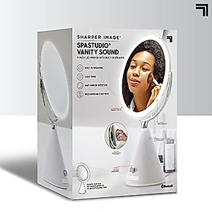 Sharper Image SpaStudio Vanity Sound, 9-Inch LED Mirror with Built-in Speaker, Wireless Bluetooth Audio, Touch-Activated Brightness Controls, Dimmable Halo Light Ring, 5X and 10X Magnification