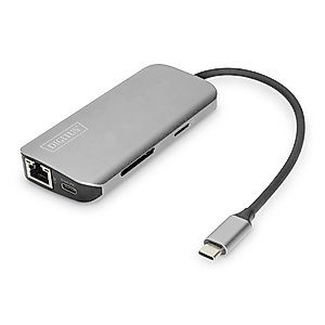 Digitus 8-Port USB-C Dock, 2xUSB3.0, 1xRJ45, 2xHDMI, 1xPD, 1xMicro SD, 1xSD, Grey
