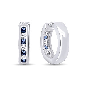 Round Cut Simulated Blue Sapphire With Cubic Zirconia Huggies Hoop Earrings In 14K White Gold Over Sterling Silver