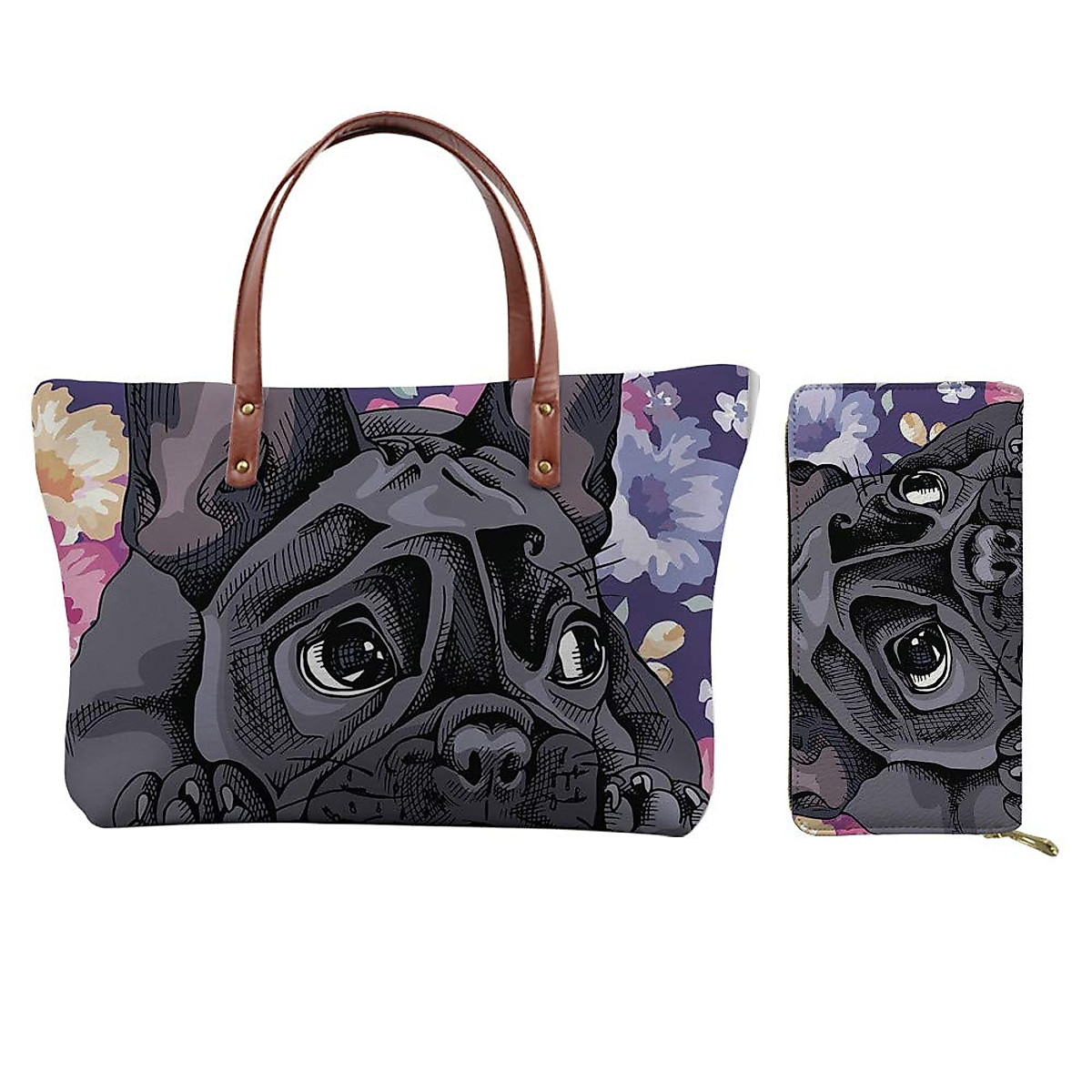 JEOCODY Slim Credit Card Holder Long Leather Wallet Gift for Women French Bulldog Dog Flower Animal Floral Purse Tote Top Handle Bag Shopping Shoulder Bag 2pcs Handbags for Girls Teens Ladies