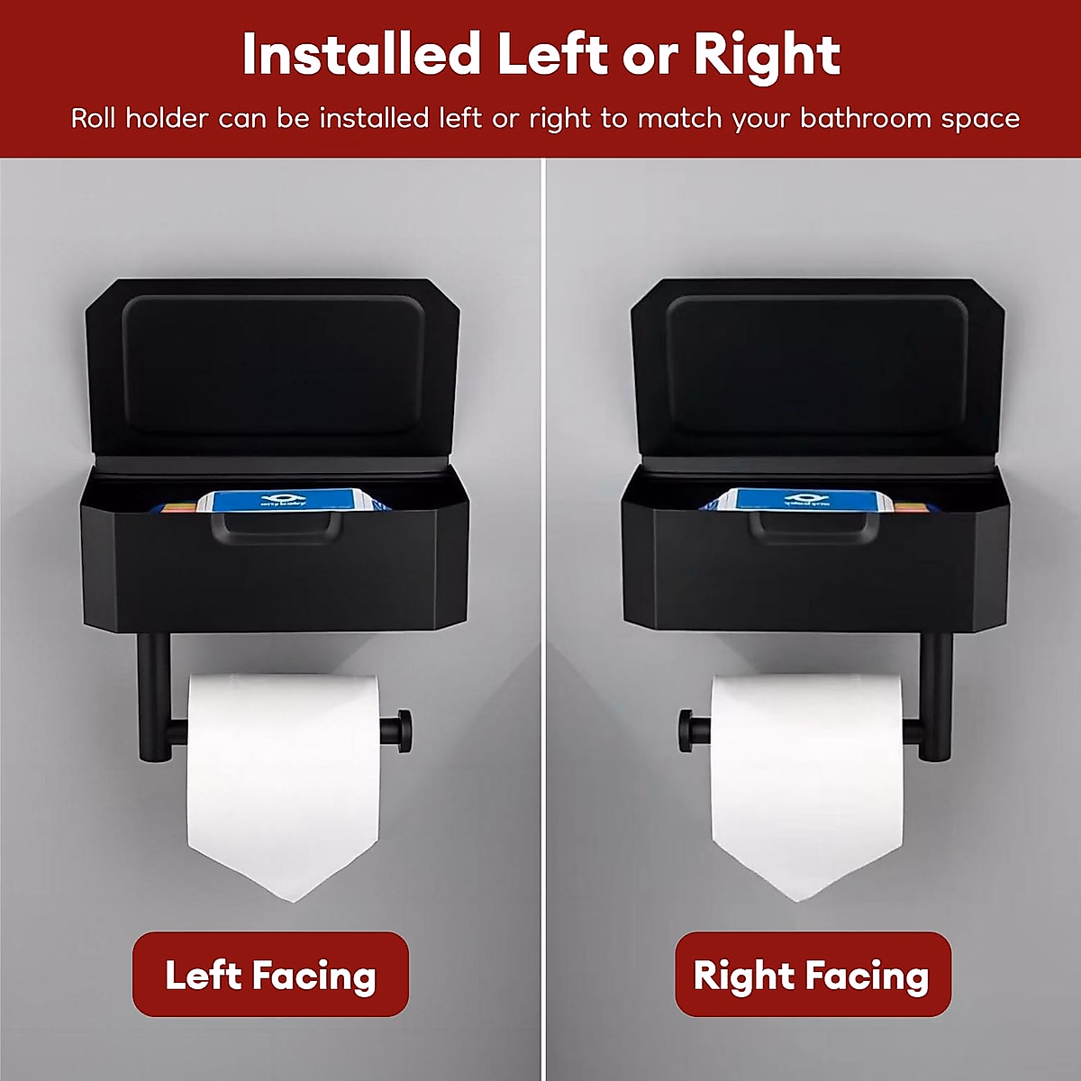 Beruyu Toilet Paper Holder with Shelf, Flushable Wipes Dispenser for Bathroom Wipe Storage, Stainless Steel Toilet Paper Holder Wall Mount, Self-Adhesive or Drilling, Matte Black