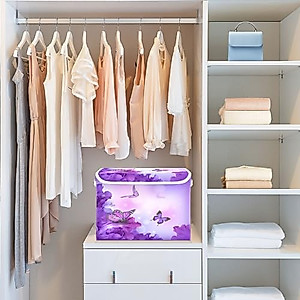 DIGTIA Storage Bins with Lids Butterfly Hydrangeas Purple Foldable Storage Boxes with Handles Spring Large Storage Basket Collapsible Organizer Containers for Closet Home Bedroom Office