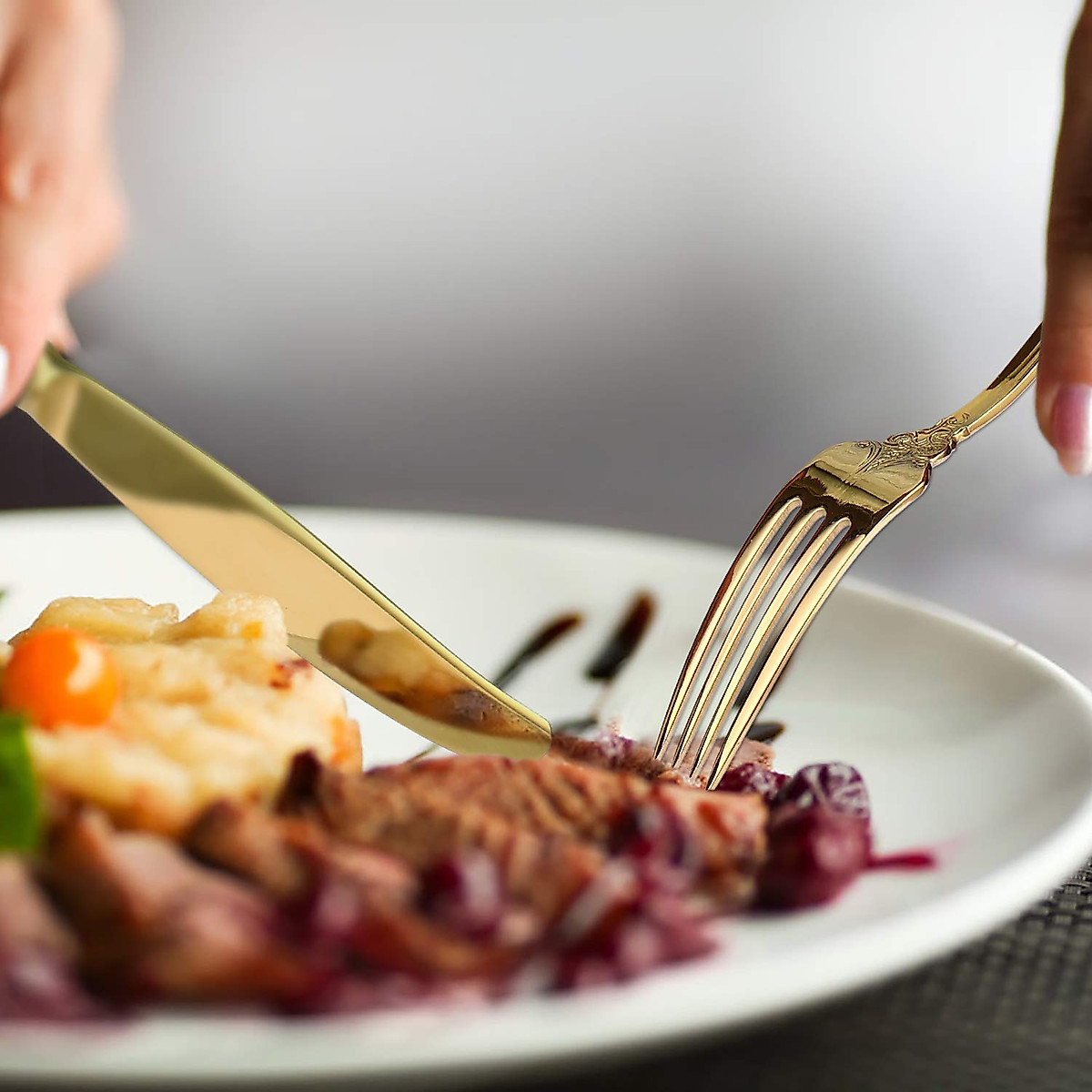 ZCF 5-Piece Gold Flatware Silverware Cutlery Set,18/10 Heavy Duty Stainless Steel Utensils,Service for 1,Include Knife/Fork/Spoon,Mirror Polished, Dishwasher Safety