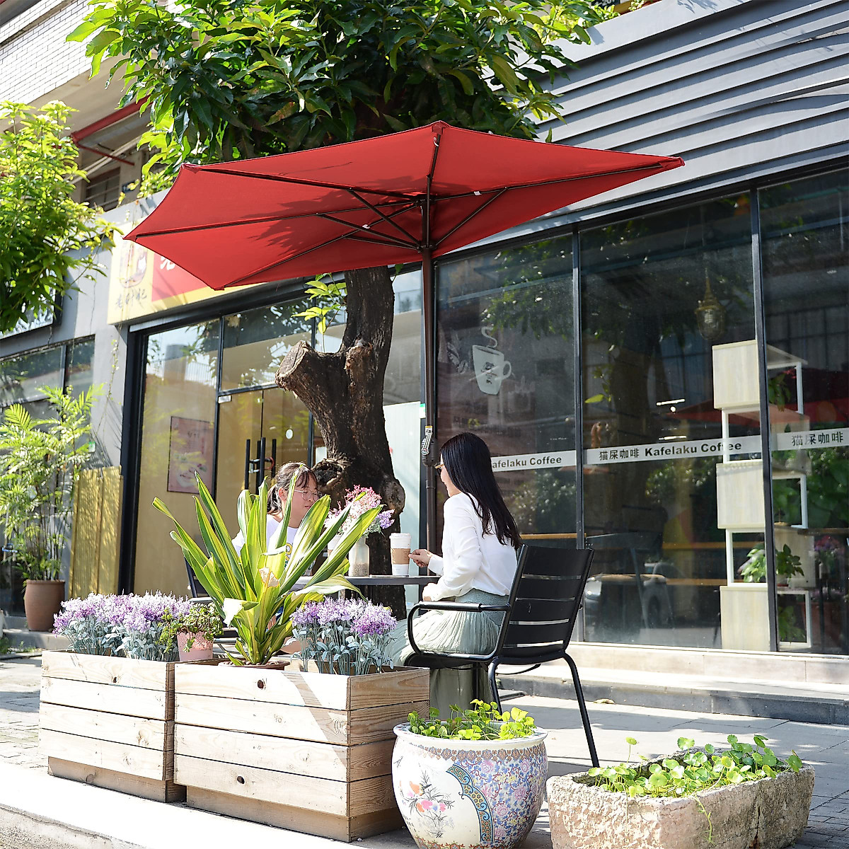 villacera 9' Outdoor Patio Half Umbrella with 5 Ribs, Fade Resistant Condo or Townhouse Umbrella in Red