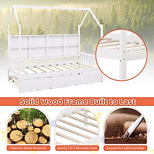 Giantex Twin House Bed with Trundle, Solid Wood Bed Frame with Roof & 8 Cube Bookcase, Wooden Slatted Support Bed Frame for Girls, Boys, No Box Spring Needed, White