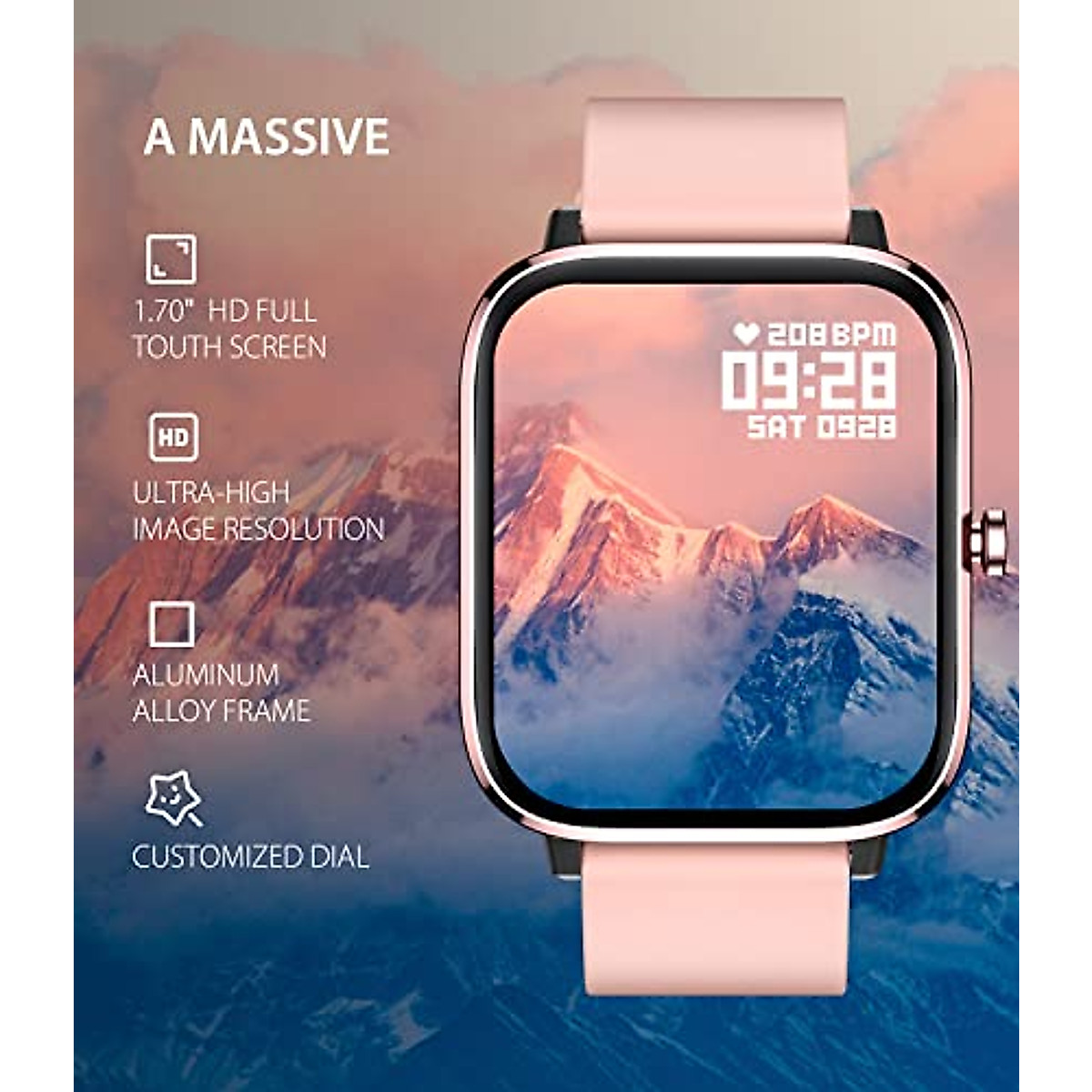 SOUYIE 2023 Smart Watch with Bluetooth Call for Women, IP67 Waterproof Fitness Tracker with 1.7" HD Display Blood Pressure HR Temperature Sleep Monitor for Android and iOS Phone Pink