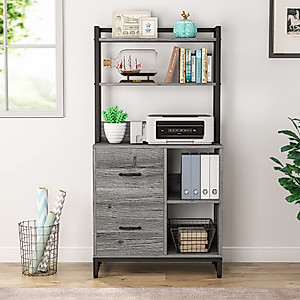 Tribesigns 2 Drawer File Cabinet for Letter Size, Vertical Filing Cabinet with Bookshelf, Large Industrial Printer Stand with Open Storage Shelves for Home Office, Grey